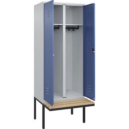 C+P Schwarz-Weiß-Spind Classic PLUS Sitzbank, 1 Abteil, lichtgrau / fernblau, B 800 mm, Zylinderschloss, auskragend, Buche-Hartholz