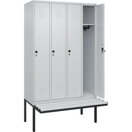 C+P Spind Classic PLUS Sitzbank, 4 Abteile, lichtgrau, B 1200 mm, Sicherheits-Drehriegel, auskragend, Kunststoff