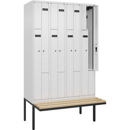 Z-Spind Evolo PLUS Sitzbank, 4 Abteile, weiß, B 1200 mm, Zylinderschloss, mit auskragender Sitzbank, Buche kaiserkraft