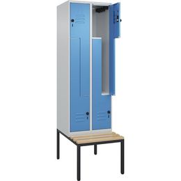 C+P Z-Spind Classic PLUS Sitzbank, 2 Abteile, lichtgrau / lichtblau, B 600 mm, Sicherheits-Drehriegel, untergebaut, Buche-Hartholz