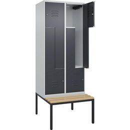C+P Z-Spind Classic PLUS Sitzbank, 2 Abteile, lichtgrau / grau, B 800 mm, Zylinderschloss, untergebaut, Buche-Hartholz