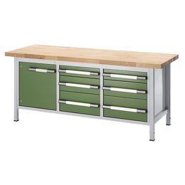 eurokraft pro Höhenverstellbare Werkbank, Gestellbauweise, 6 Schubladen, 1 Flügeltür, Breite 2000 mm, lichtgrau / grün
