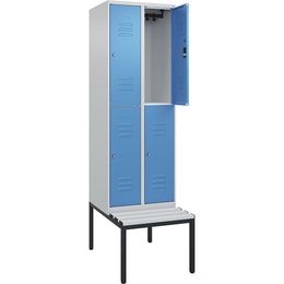 C+P Doppelstock-Spind Classic PLUS Sitzbank, 2 Abteile, lichtgrau / lichtblau, B 600 mm, Zylinderschloss, untergebaut, Kunststoff