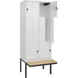 C+P Z-Spind Classic PLUS Sitzbank, 2 Abteile, verkehrsweiß, B 800 mm, Sicherheits-Drehriegel, auskragend, Buche-Hartholz