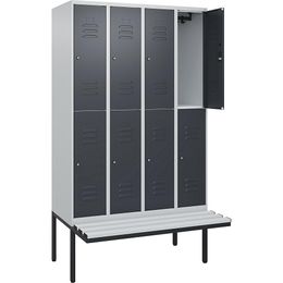 C+P Doppelstock-Spind Classic PLUS Sitzbank, 4 Abteile, lichtgrau / grau, B 1200 mm, Zylinderschloss, auskragend, Kunststoff
