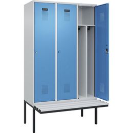 Schwarz-Weiß-Spind Evolo PLUS Sitzbank, schmal, 3 Abteile, Trennwand verkürzt, lichtgrau / lichtblau, B 1200 mm, Zylinderschloss, mit auskragender Sitzbank, Kunststoff kaiserkraft