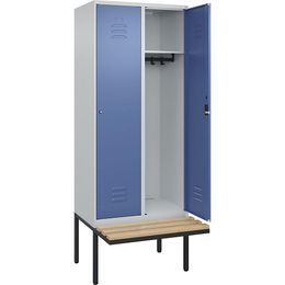 C+P Spind Classic PLUS Sitzbank, 2 Abteile, lichtgrau / fernblau, B 800 mm, Zylinderschloss, auskragend, Buche-Hartholz