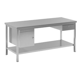 eurokraft basic Edelstahl-Arbeitstisch, 1 Unterbauschrank, 1 Schublade, 1 Fachboden voll, Breite 1800 mm