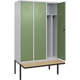 C+P Schwarz-Weiß-Spind Classic PLUS Sitzbank, schmal, 3 Abteile, Trennwand verkürzt, lichtgrau / resedagrün, B 1200 mm, Zylinderschloss, auskragend, Buche-Hartholz