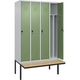C+P Schwarz-Weiß-Spind Classic PLUS Sitzbank, schmal, 4 Abteile, Trennwand verkürzt, lichtgrau / resedagrün, B 1200 mm, Sicherheits-Drehriegel, auskragend, Buche-Hartholz