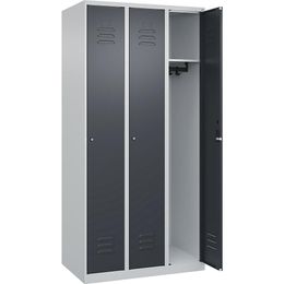 C+P Spind Classic PLUS, 3 Abteile, lichtgrau / grau, B 900 mm, mit Bodengleitern, Zylinderschloss