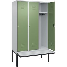 C+P Spind Classic PLUS Sitzbank, 3 Abteile, lichtgrau / resedagrün, B 1200 mm, Zylinderschloss, auskragend, Kunststoff