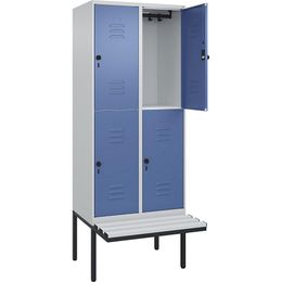 C+P Doppelstock-Spind Classic PLUS Sitzbank, 2 Abteile, lichtgrau / fernblau, B 800 mm, Sicherheits-Drehriegel, auskragend, Kunststoff