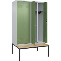 C+P Schwarz-Weiß-Spind Classic PLUS Sitzbank, 2 Abteile, lichtgrau / resedagrün, B 1200 mm, Zylinderschloss, untergebaut, Buche-Hartholz