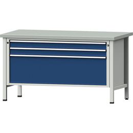 ANKE Werkbank mit XL/XXL-Schubladen, Gestellbauweise, Breite 1500 mm, 3 Schubladen, Stahlblechbelagplatte, Front enzianblau