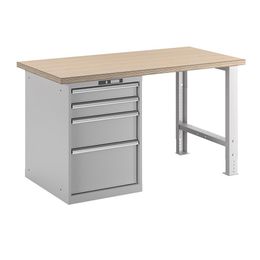 LISTA Werkbank im Baukastensystem, Höhe 840 mm, Unterstellschrank, 4 Schubladen, lichtgrau, Tischbreite 1500 mm