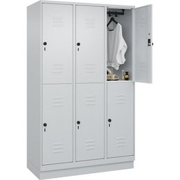 C+P Doppelstock-Spind Classic PLUS, 3 Abteile, lichtgrau, HxB 1950 x 1200 mm, mit Bodensockel, Drehriegel