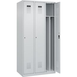 Schwarz-Weiß-Spind Evolo PLUS, schmal, 3 Abteile, Trennwand verkürzt, lichtgrau, B 900 mm, mit Bodengleitern, Zylinderschloss kaiserkraft