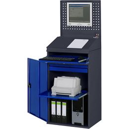 Rau Computer-Arbeitsstation, Lochwand, Schreibpult, Ausziehboden, Schublade, Breite 650 mm, anthrazit / enzianblau
