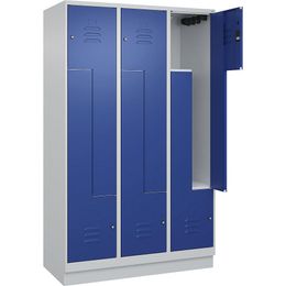 C+P Z-Spind Classic PLUS, 3 Abteile, lichtgrau / enzianblau, B 1200 mm, mit Bodensockel, Zylinderschloss