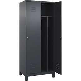 C+P Schwarz-Weiß-Spind Classic PLUS, schmal, 2 Abteile, Trennwand verkürzt, grau, B 800 mm, mit Füßen, Zylinderschloss, Trennwand mittig