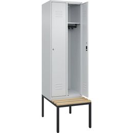 C+P Spind Classic PLUS Sitzbank, 2 Abteile, lichtgrau, B 600 mm, Zylinderschloss, untergebaut, Buche-Hartholz