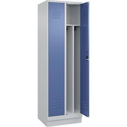 C+P Schwarz-Weiß-Spind Classic PLUS, schmal, 2 Abteile, Trennwand verkürzt, lichtgrau / fernblau, B 600 mm, mit Bodensockel, Zylinderschloss, Trennwand mittig