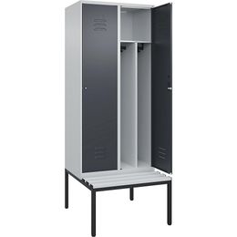 C+P Schwarz-Weiß-Spind Classic PLUS Sitzbank, schmal, 2 Abteile, Trennwand verkürzt, lichtgrau / grau, B 800 mm, Zylinderschloss, untergebaut, Kunststoff