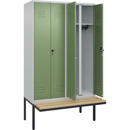 C+P Schwarz-Weiß-Spind Classic PLUS Sitzbank, 2 Abteile, lichtgrau / resedagrün, B 1200 mm, Sicherheits-Drehriegel, auskragend, Buche-Hartholz