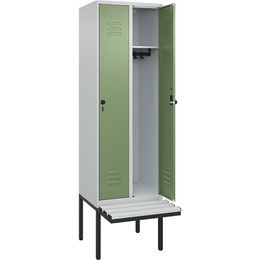 C+P Spind Classic PLUS Sitzbank, 2 Abteile, lichtgrau / resedagrün, B 600 mm, Sicherheits-Drehriegel, auskragend, Kunststoff
