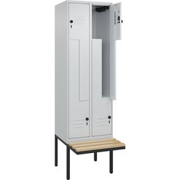 C+P Z-Spind Classic PLUS Sitzbank, 2 Abteile, lichtgrau, B 600 mm, Sicherheits-Drehriegel, auskragend, Buche-Hartholz