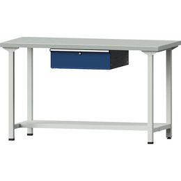 ANKE Werkbank, Gestellbauweise Serie V, 1 Schublade, 1 Ablageboden, Breite 1500 mm, Höhe 890 mm, Stahlblechbelagplatte