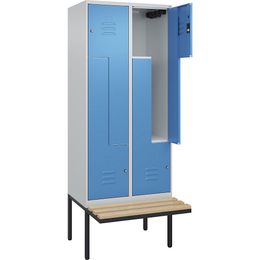 C+P Z-Spind Classic PLUS Sitzbank, 2 Abteile, lichtgrau / lichtblau, B 800 mm, Zylinderschloss, auskragend, Buche-Hartholz