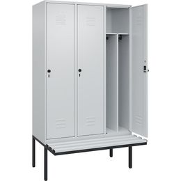 C+P Schwarz-Weiß-Spind Classic PLUS Sitzbank, schmal, 3 Abteile, Trennwand verkürzt, lichtgrau, B 1200 mm, Sicherheits-Drehriegel, auskragend, Kunststoff