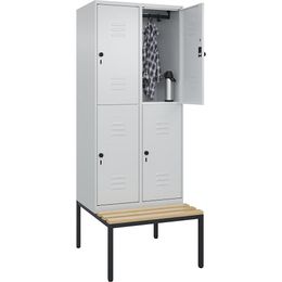 C+P Doppelstock-Spind Classic PLUS Sitzbank, 2 Abteile, lichtgrau, B 800 mm, Sicherheits-Drehriegel, untergebaut, Buche-Hartholz