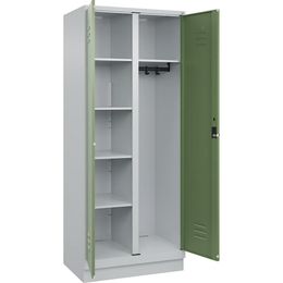 C+P Putzmittelspind Classic PLUS, 1 Abteil, Trennwand mittig, lichtgrau / resedagrün, B 800 mm, mit Bodensockel, Drehriegel