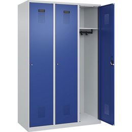 C+P Spind Evolo PLUS, 3 Abteile, lichtgrau / enzianblau, B 1200 mm, mit Bodengleitern, Zylinderschloss