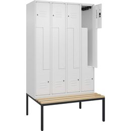 C+P Z-Spind Classic PLUS Sitzbank, 4 Abteile, verkehrsweiß, B 1200 mm, Zylinderschloss, untergebaut, Buche-Hartholz