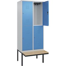 C+P Doppelstock-Spind Classic PLUS Sitzbank, 2 Abteile, lichtgrau / lichtblau, B 800 mm, Zylinderschloss, auskragend, Buche-Hartholz
