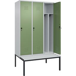 C+P Schwarz-Weiß-Spind Classic PLUS Sitzbank, schmal, 3 Abteile, Trennwand verkürzt, lichtgrau / resedagrün, B 1200 mm, Sicherheits-Drehriegel, untergebaut, Kunststoff