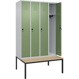 C+P Spind Classic PLUS Sitzbank, 4 Abteile, lichtgrau / resedagrün, B 1200 mm, Sicherheits-Drehriegel, untergebaut, Buche-Hartholz