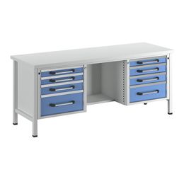 eurokraft pro Werkbank, Gestellbauweise, Breite 2000 mm, 8 Schubladen, Universalplatte