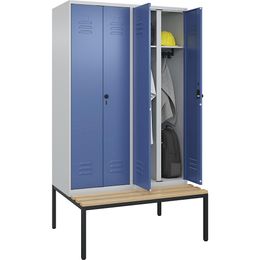 C+P Schwarz-Weiß-Spind Classic PLUS Sitzbank, 2 Abteile, lichtgrau / fernblau, B 1200 mm, Sicherheits-Drehriegel, untergebaut, Buche-Hartholz