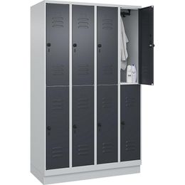 C+P Doppelstock-Spind Classic PLUS, 4 Abteile, lichtgrau / grau, HxB 1950 x 1200 mm, mit Bodensockel, Drehriegel