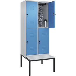 C+P Doppelstock-Spind Classic PLUS Sitzbank, 2 Abteile, lichtgrau / lichtblau, B 800 mm, Sicherheits-Drehriegel, untergebaut, Kunststoff