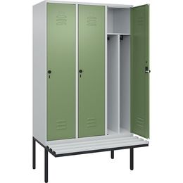 C+P Schwarz-Weiß-Spind Classic PLUS Sitzbank, schmal, 3 Abteile, Trennwand verkürzt, lichtgrau / resedagrün, B 1200 mm, Sicherheits-Drehriegel, auskragend, Kunststoff