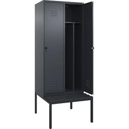 C+P Schwarz-Weiß-Spind Classic PLUS Sitzbank, schmal, 2 Abteile, Trennwand verkürzt, grau, B 800 mm, Sicherheits-Drehriegel, untergebaut, Kunststoff