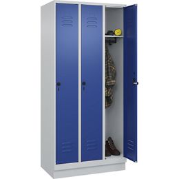 C+P Spind Classic PLUS, 3 Abteile, lichtgrau / enzianblau, B 900 mm, mit Bodensockel, Drehriegel