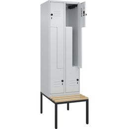 C+P Z-Spind Classic PLUS Sitzbank, 2 Abteile, lichtgrau, B 600 mm, Sicherheits-Drehriegel, untergebaut, Buche-Hartholz
