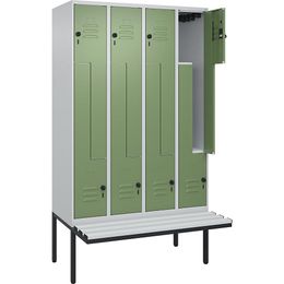 C+P Z-Spind Classic PLUS Sitzbank, 4 Abteile, lichtgrau / resedagrün, B 1200 mm, Sicherheits-Drehriegel, auskragend, Kunststoff